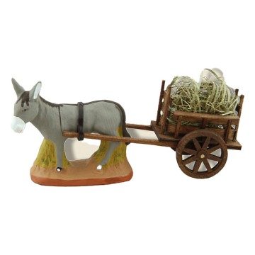 Donkey standing on grass and Wood Cart of harness